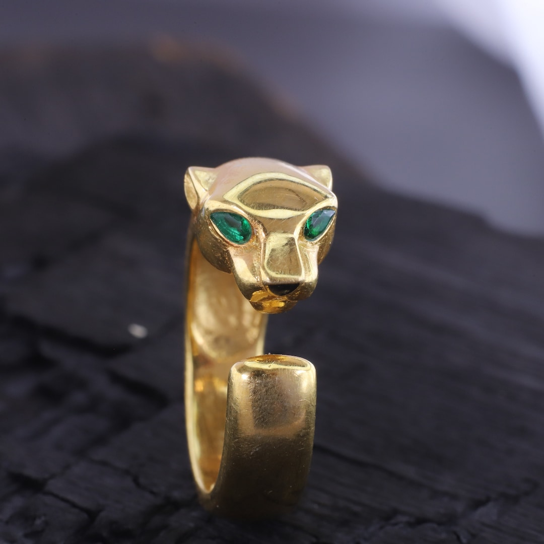 14k Gold Leopard Ring Jaguar Heads Open Ring for Women Pear Emerald Eye ...