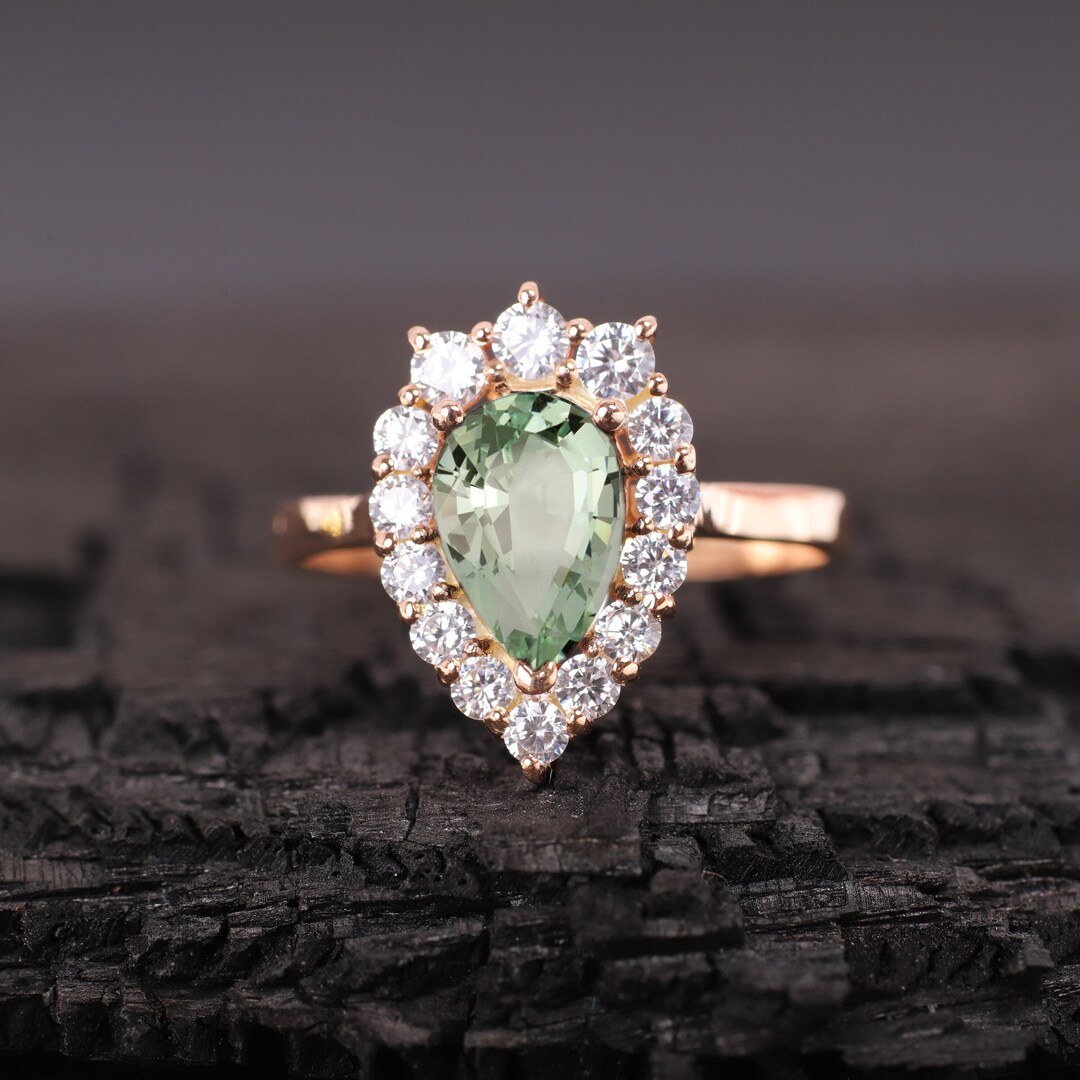 Green Amethyst Stacking Ring Halo Diamond Promise Women Ring 14k Gold Delicate Jewelry Teardrop ...