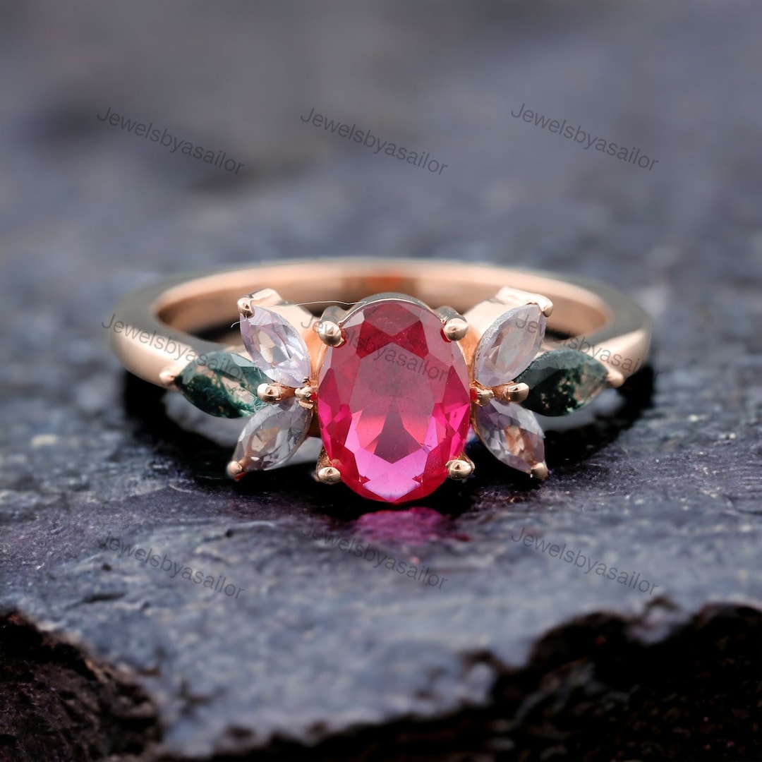 Pink Ruby Engagement Ring Rose Gold Plated Jewelry Women Cluster Ring ...
