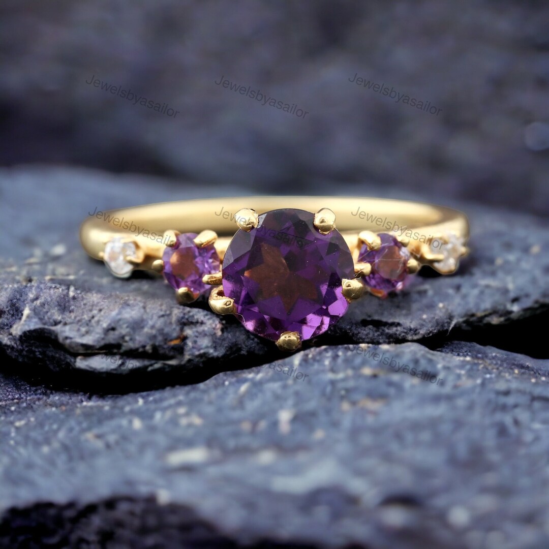Minimalist Amethyst & Diamond Engagement Ring, Women Purple Amethyst ...