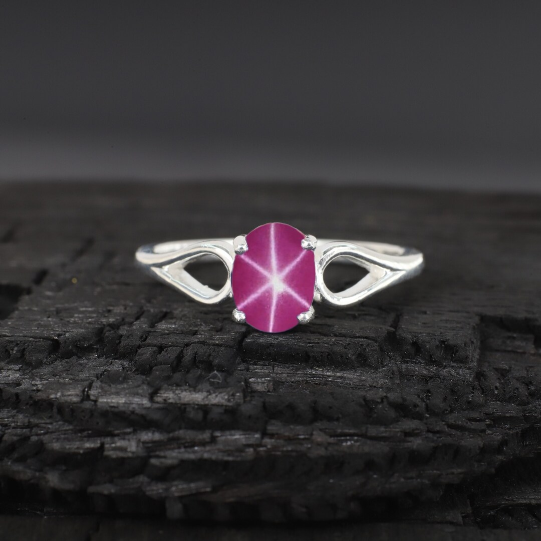 Pink Star Ruby Gemstone Ring Art Deco Women Ring 925 Silver Split Ring ...