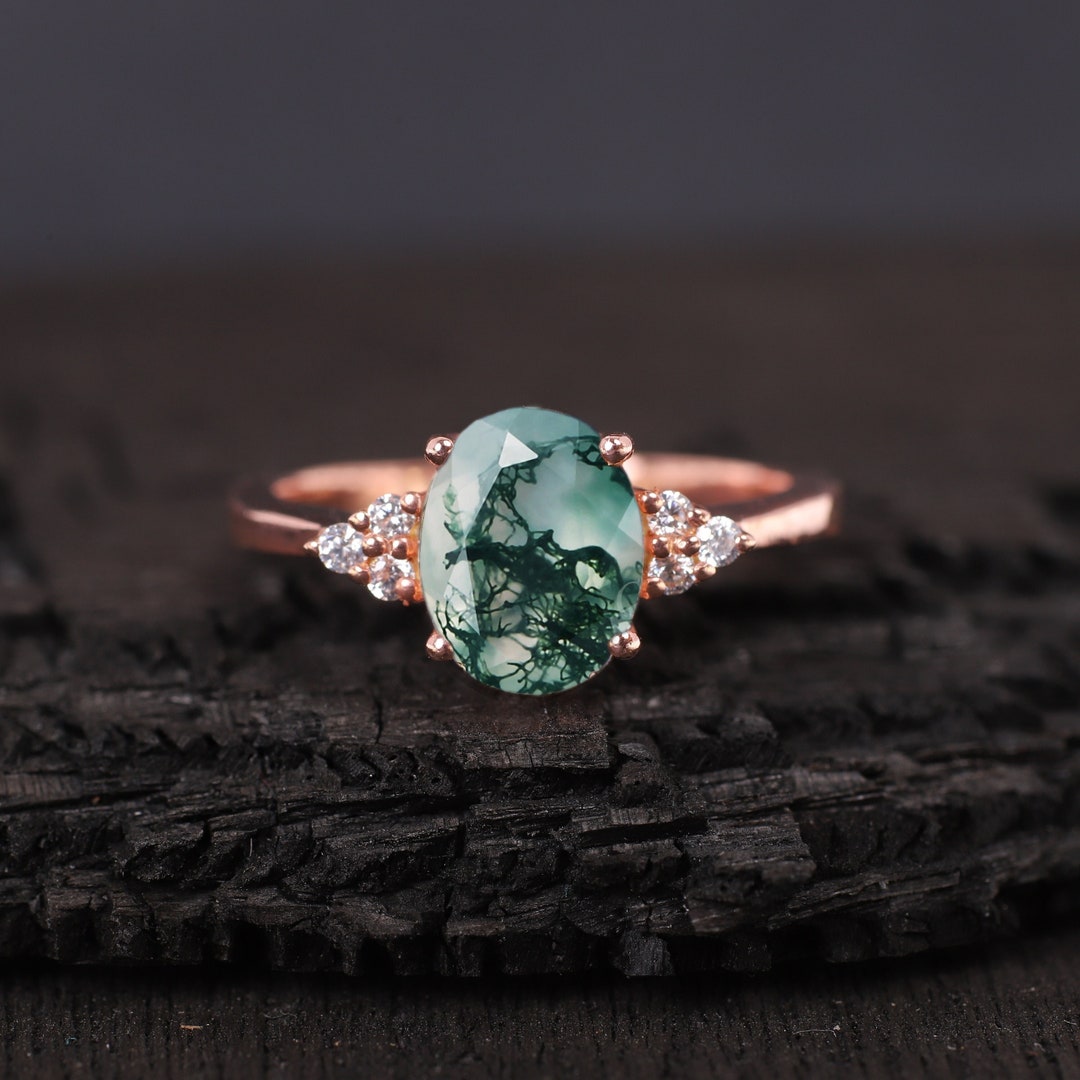 Vintage Natural Moss Agate Ring Diamond Engagement Gold Ring Aquatic ...