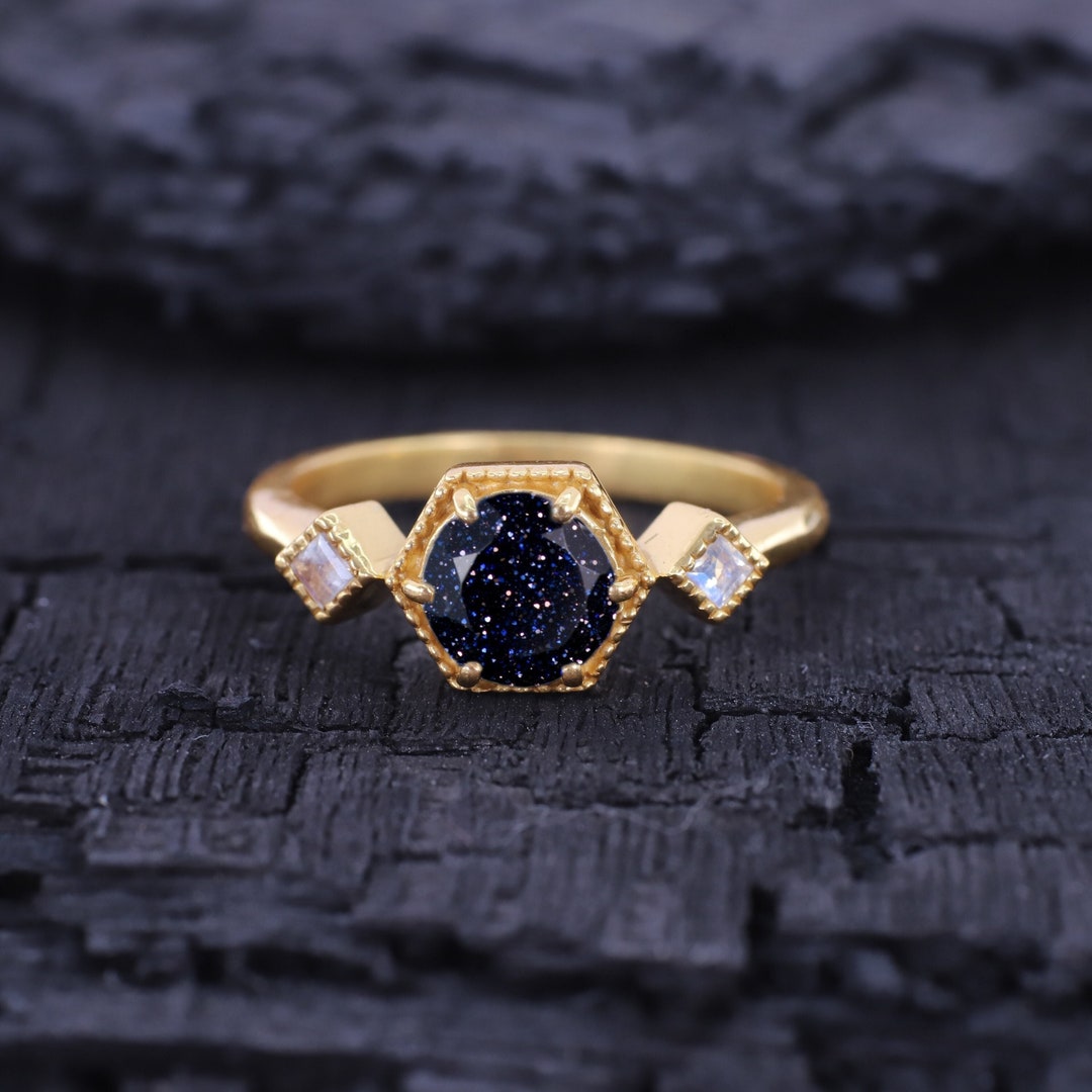 Blue Sandstone Wedding Ring Classic Bridesmaid Jewelry Vintage Planet ...