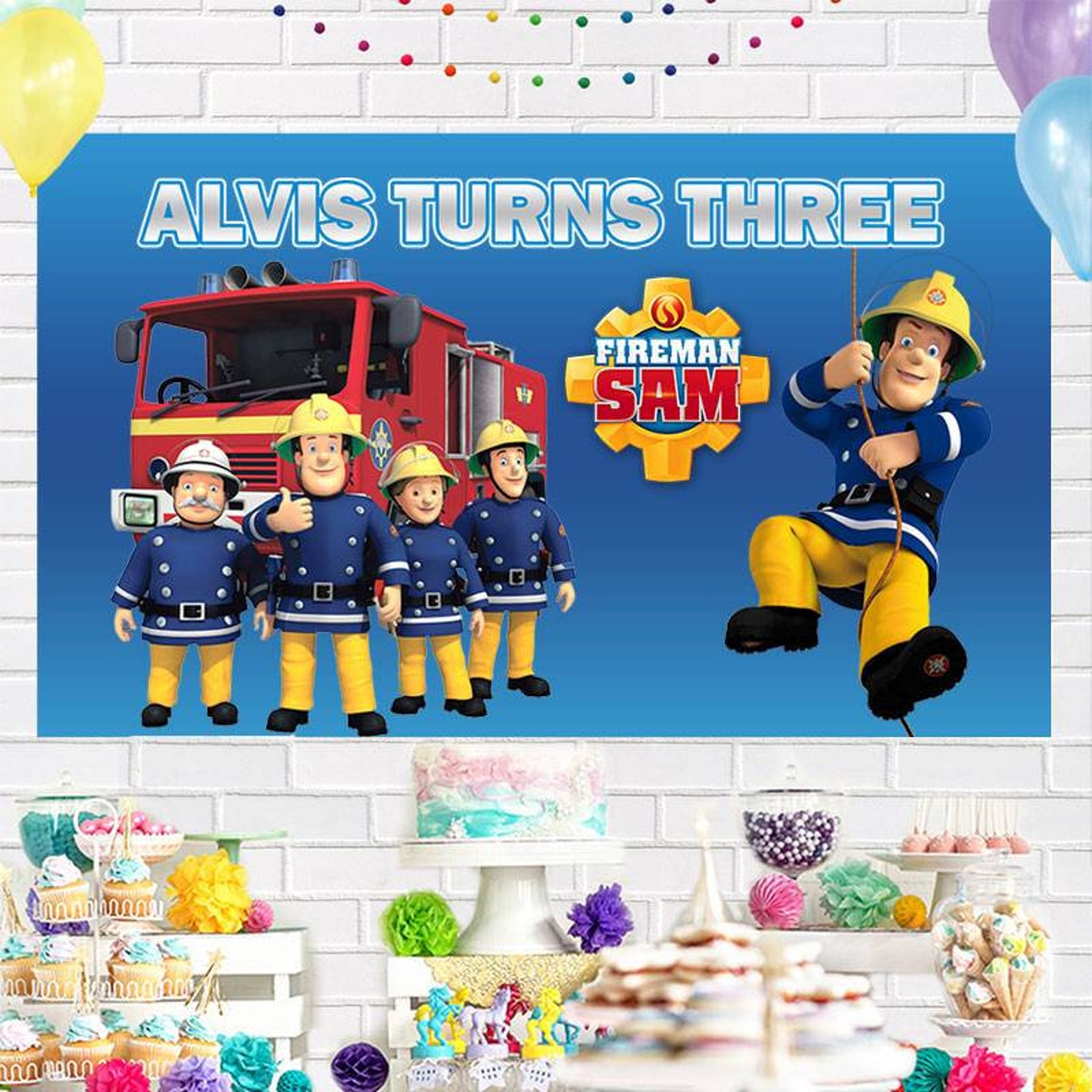 Personalised Fireman Sam Theme Birthday Backdrop - Etsy