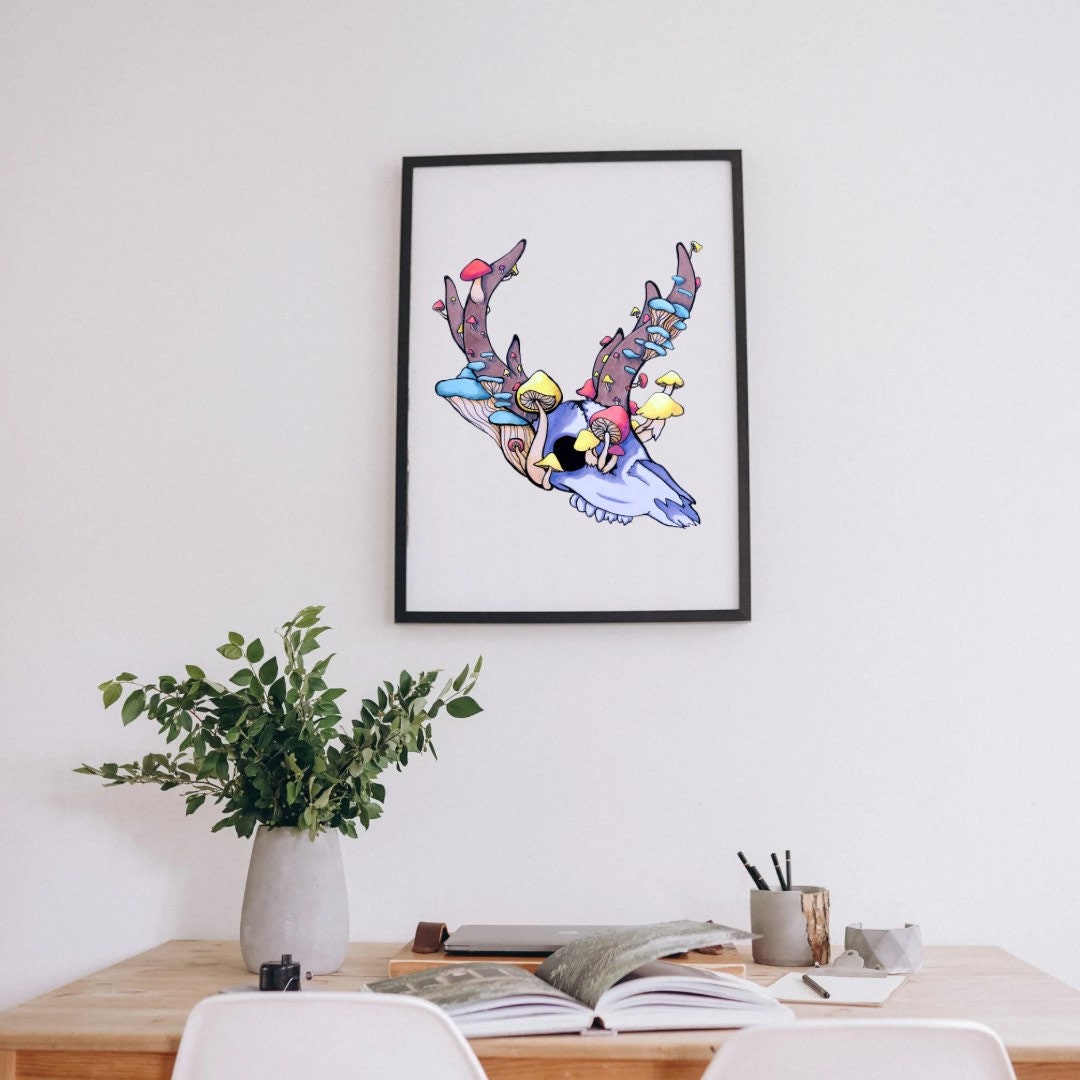 Mushroom Deer Skull Art Print - Decay Artwork - Etsy