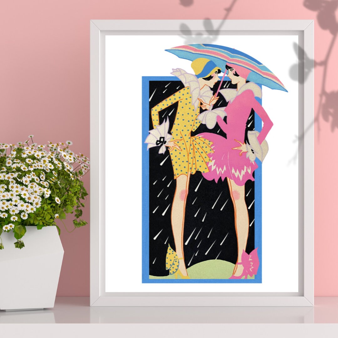 Rain Rain - Vintage Artwork Restoration Project - Women in the Rain - Etsy