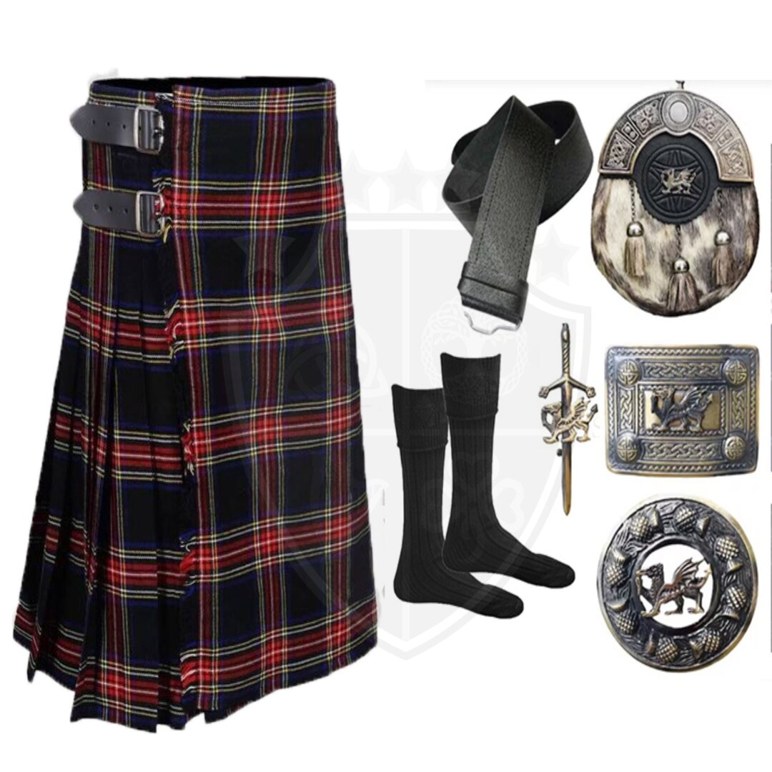 Black Stewart Tartan Scottish Kilt Set With Accessories, Traditional ...
