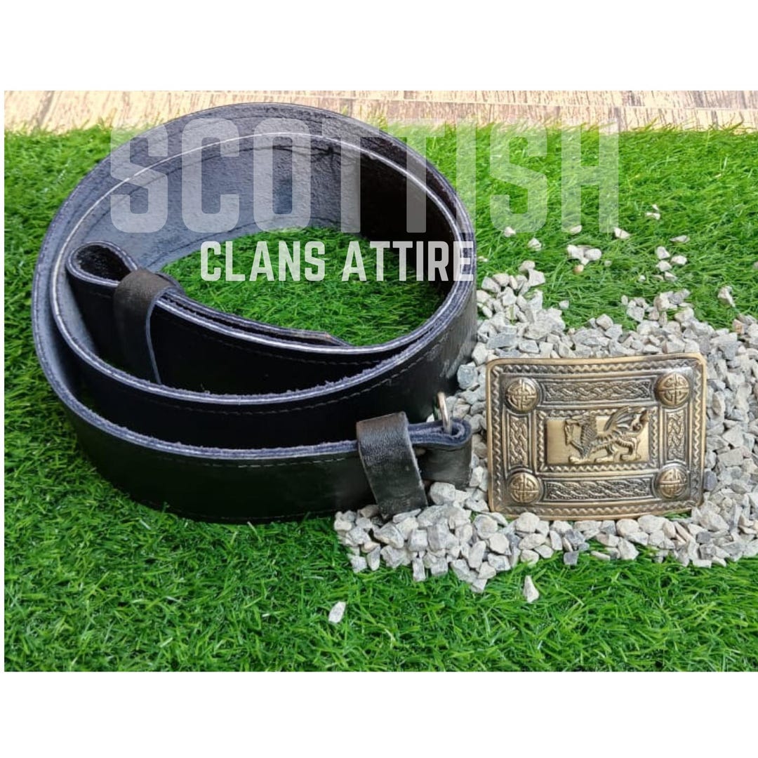 Scottish Kilt Belt: Black Leather Utility Belt With Welsh Dragon Buckle ...