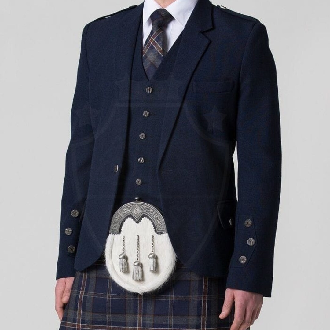 Men's Scottish Blue Wool Argyle Kilt Jacket With 5 Button Vest 17th ...