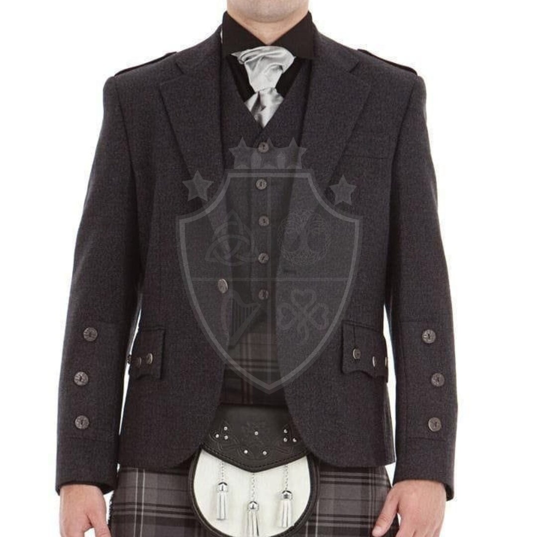Handmade Men's Scottish Charcoal Wool Argyle Kilt Jacket With 5 Button ...