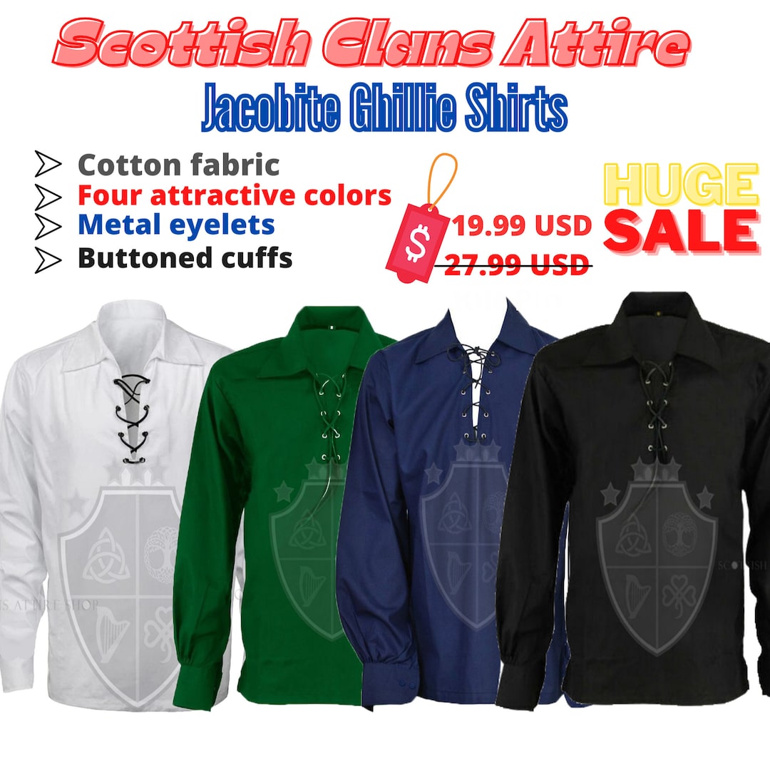 Mens Scottish Jacobite Ghillie Kilt Highland Black Shirt Long Sleeve ...