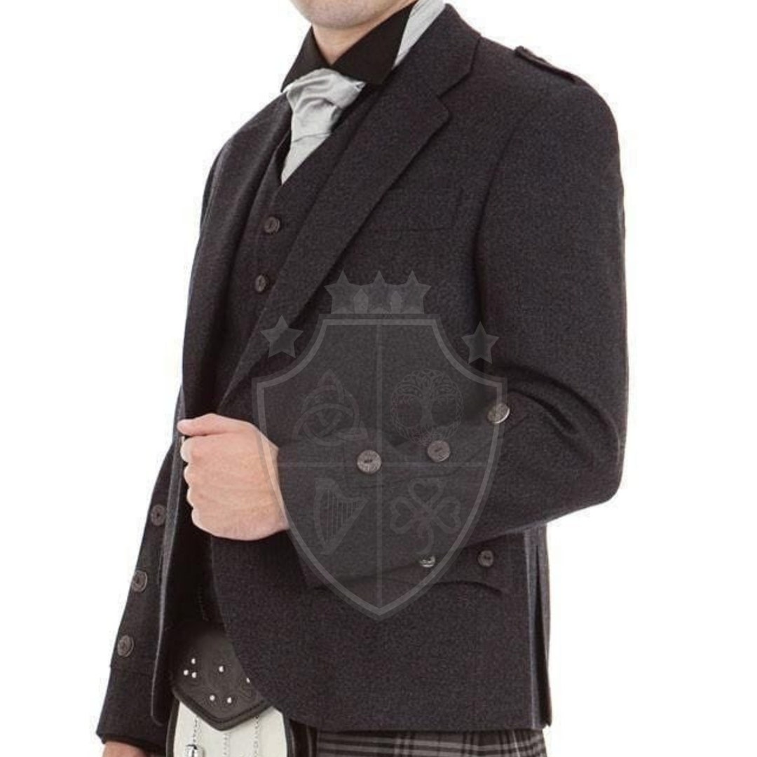 Men's Scottish Charcoal Wool Argyle Kilt Jacket With 5 Button Vest ...
