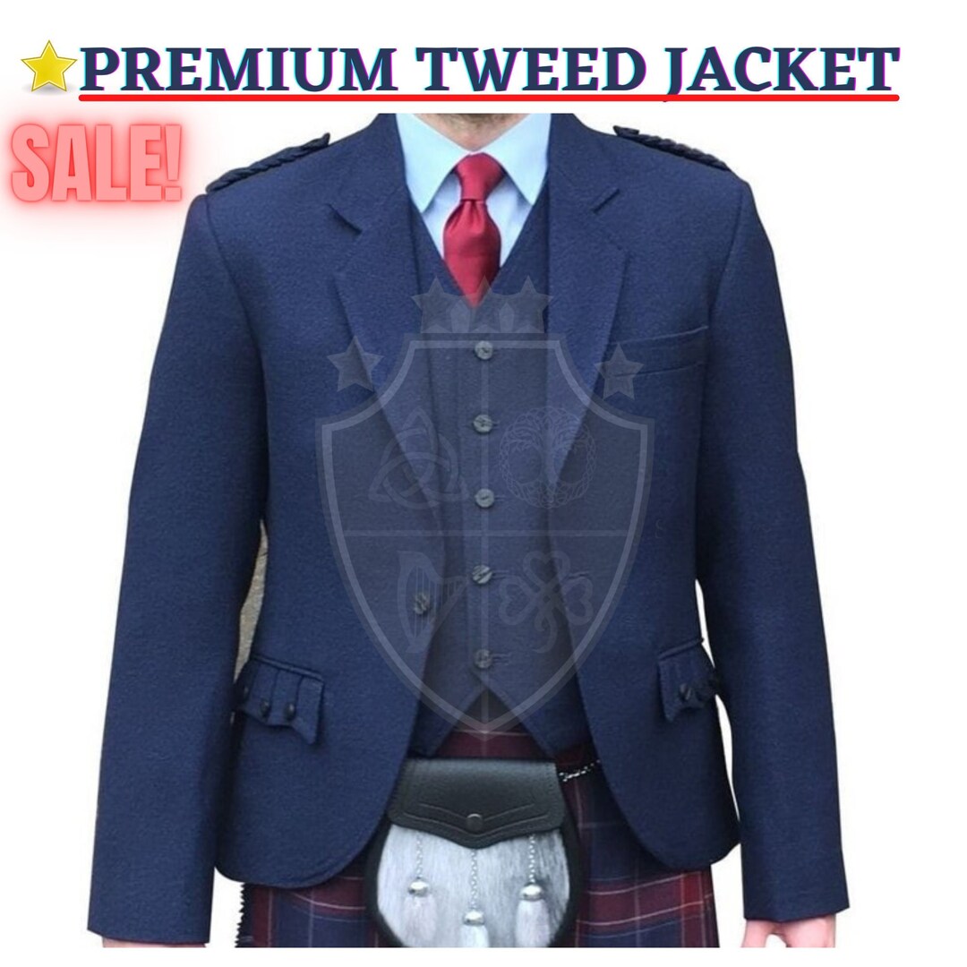 Men's Scottish Blue Wool Argyle Kilt Jacket With 5 Button Vest, 17th ...