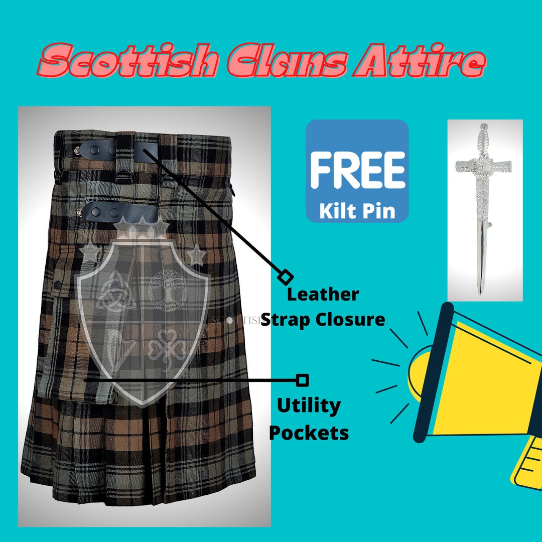 Scottish Highland Men's Tartan Utility Leather Strap Kilt Various 45 ...
