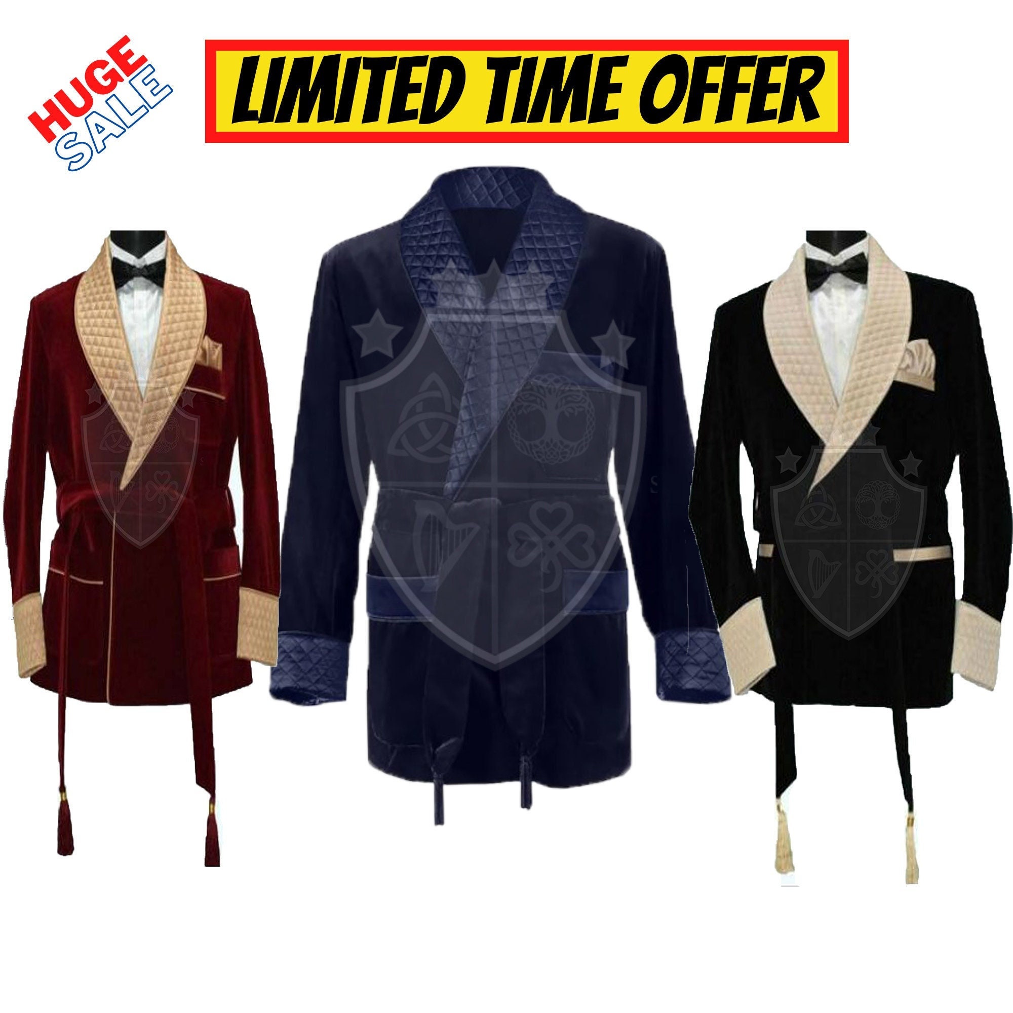 Smoking Jackets for Men Burgundy Velvet Quilted Dinner Robes Wedding ...