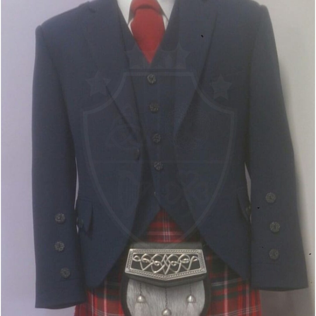 Men's Scottish Navy Blue Wool Argyle Kilt Jacket With 5 Button Vest ...