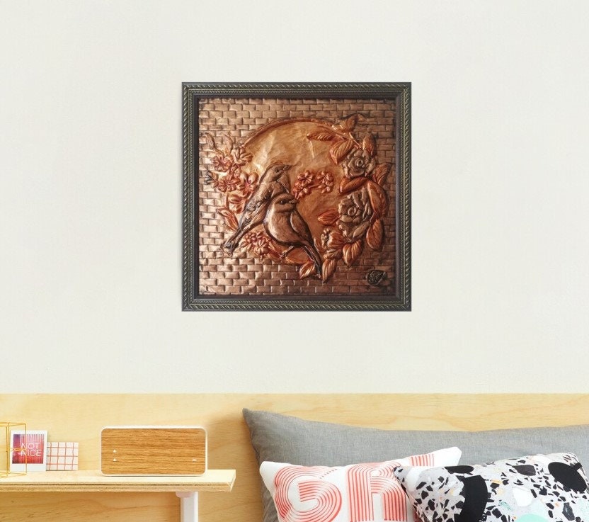Hand Drawn & Embossed Copper Artwork of Tow Lovebirds. - Etsy