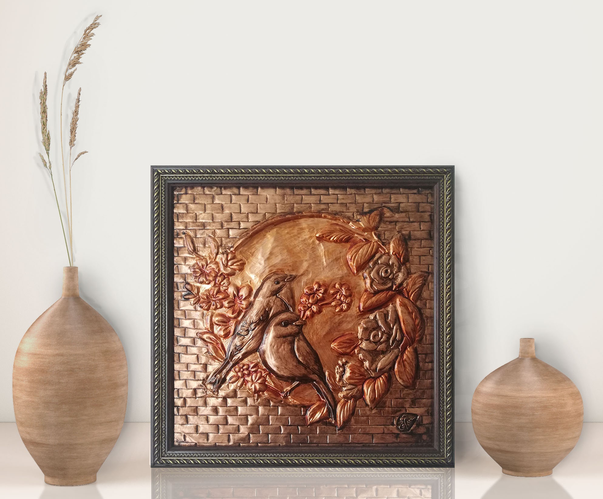 Hand Drawn & Embossed Copper Artwork of Tow Lovebirds. - Etsy