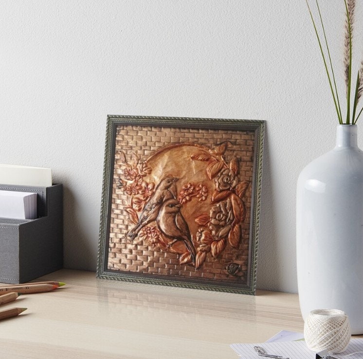 Hand Drawn & Embossed Copper Artwork of Tow Lovebirds. - Etsy