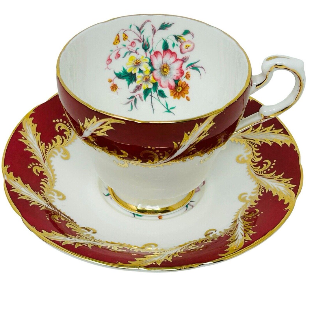Paragon Tea Cup & Saucer Her Majesty Queen Maroon White Gold Floral ...