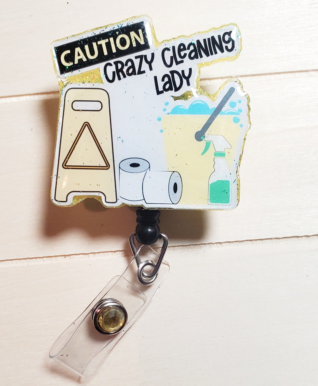 Caution Crazy Cleaning Lady, Evs Badge Holder - Etsy