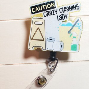 Caution Crazy Cleaning Lady, Evs Badge Holder - Etsy