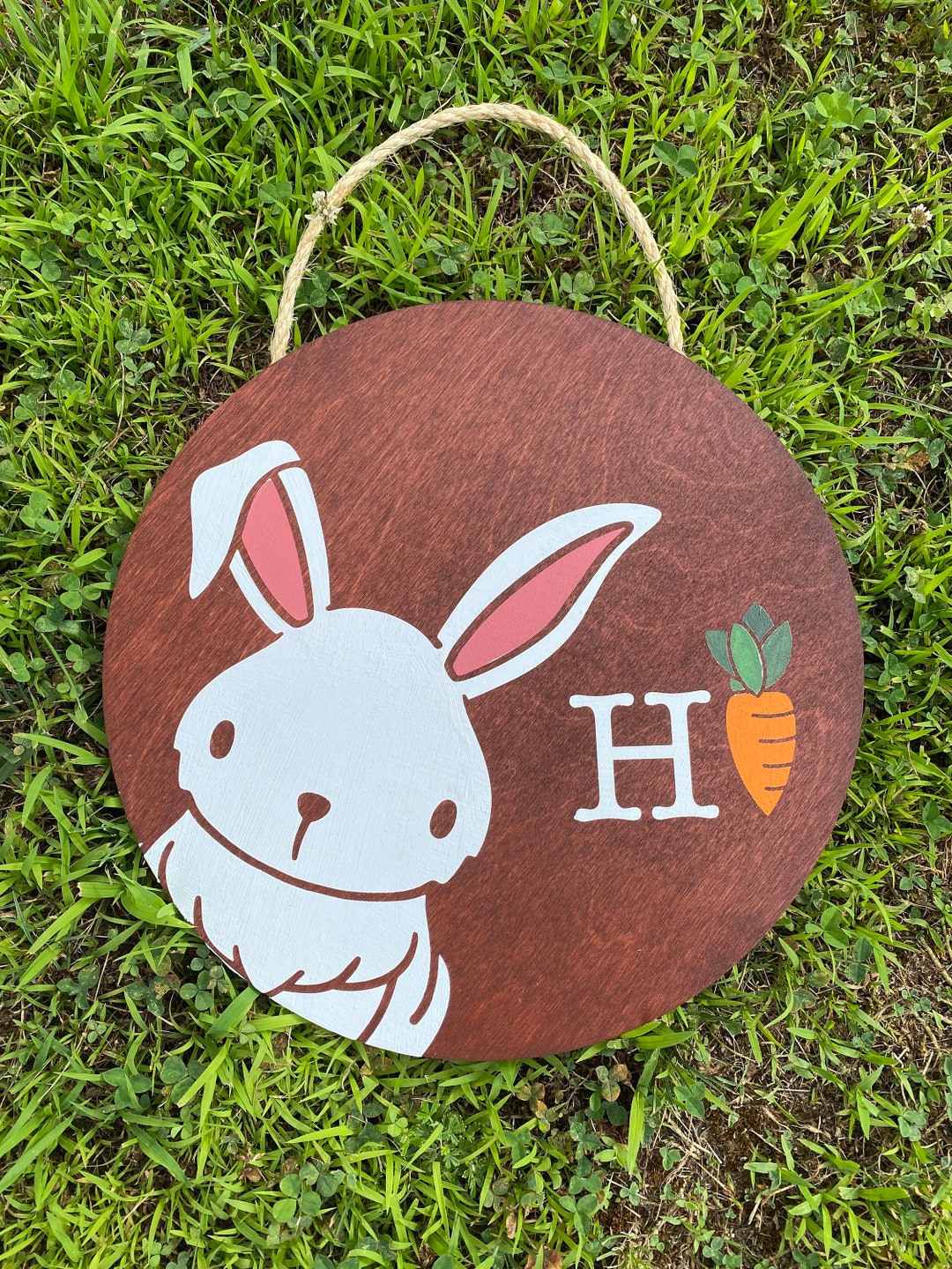 Round Wooden Sign // Hi // Welcome // Bunny // Spring // Easter ...