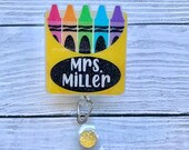 Crayons With Teachers Name Badge Reel Teacher Badge Reel - Etsy
