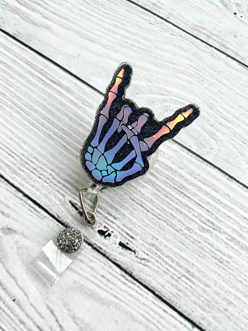 Rock on Skeleton Hand Color Shifting Badge Reel Halloween - Etsy