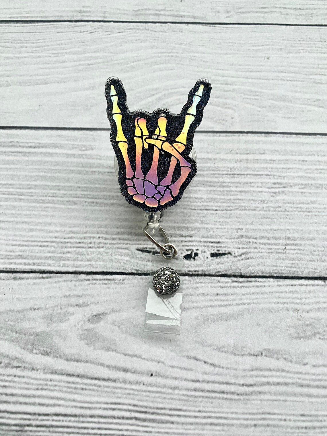 Rock on Skeleton Hand Color Shifting Badge Reel Halloween - Etsy