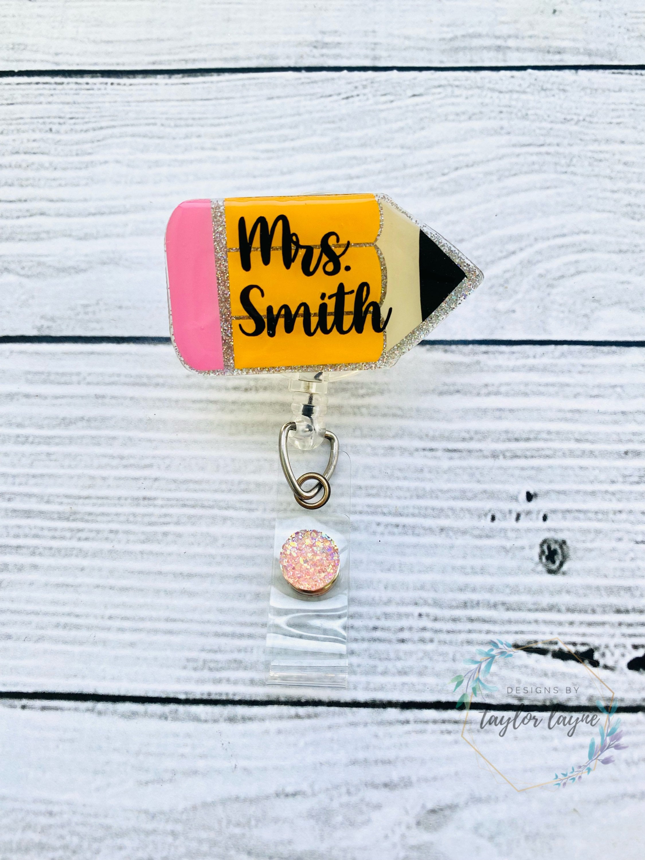 Pencil With Teachers Name Badge Reel Teacher Badge Reel - Etsy