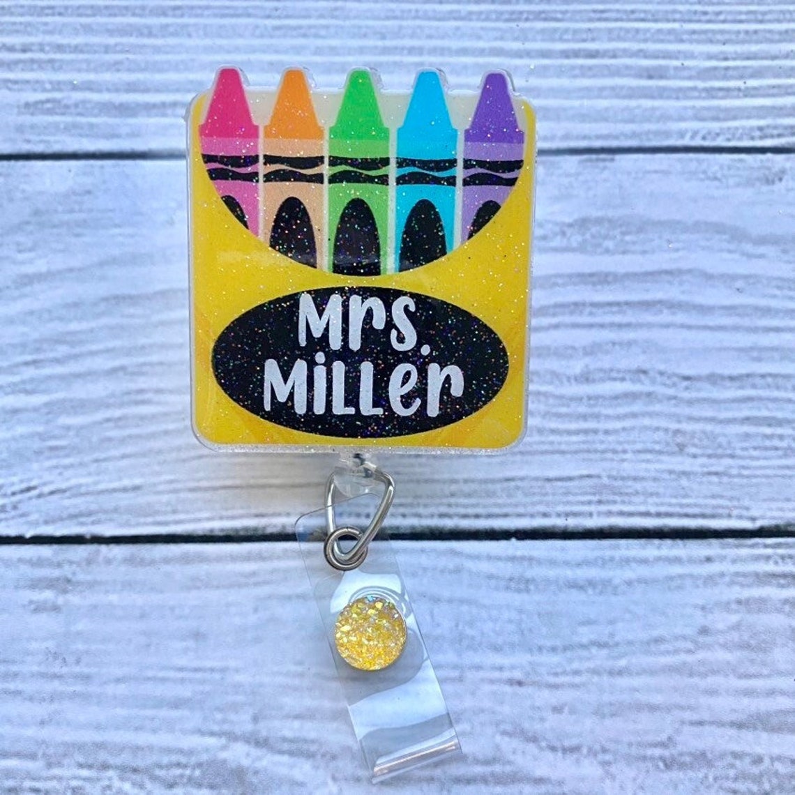 Crayons With Teacher’s Name Badge Reel - Teacher Badge Reel - Custom ...