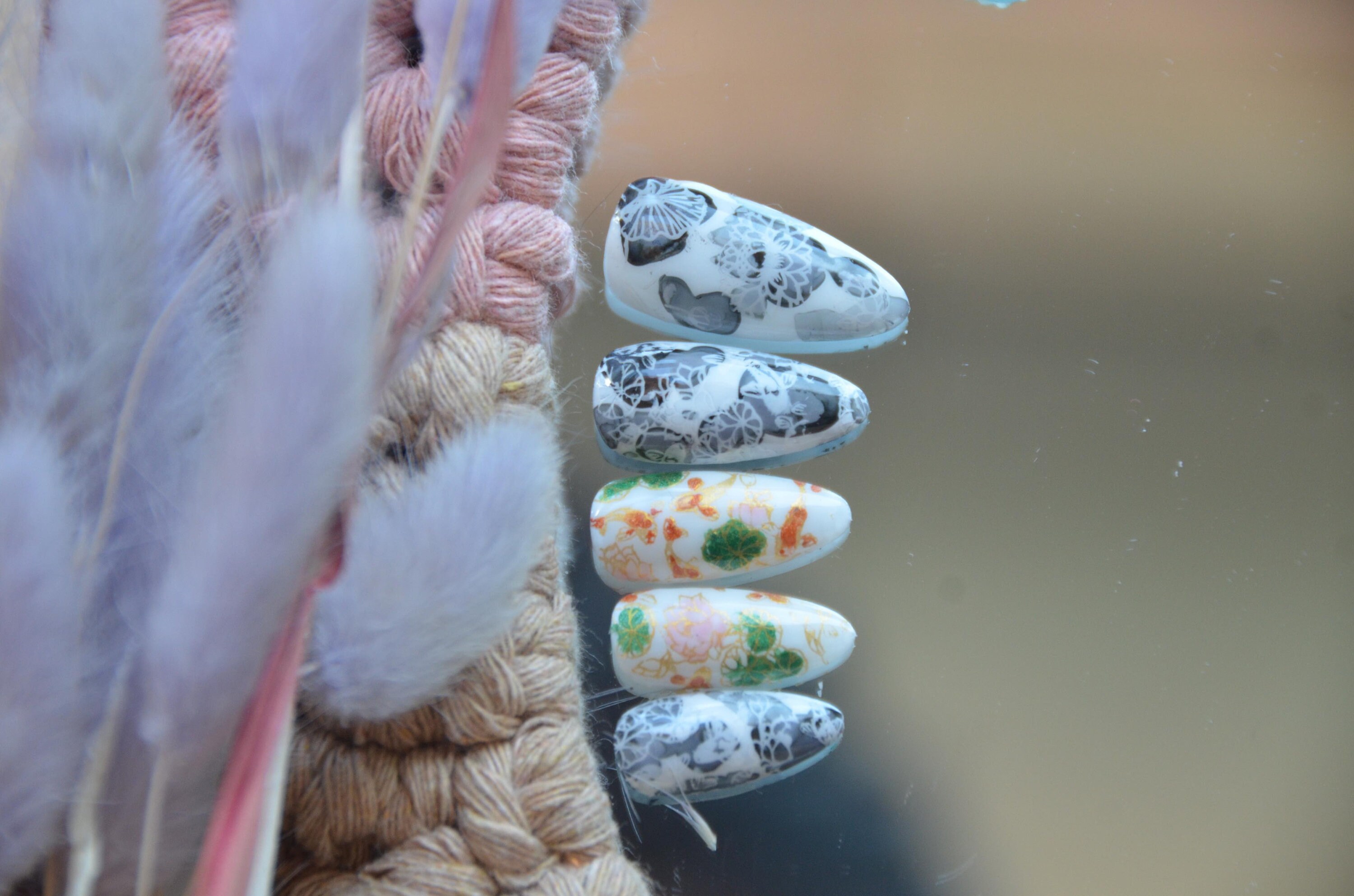 Acrylic & Press On Nails Koi Fish Pond Water Gold Outline White Press ...