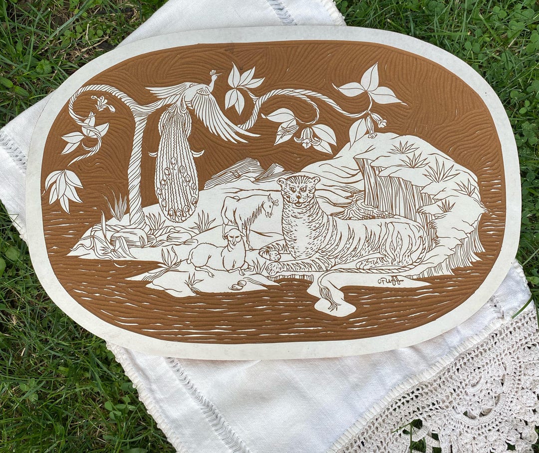 Wood Block Printing Carved Jungle Scene Vintage Art - Etsy