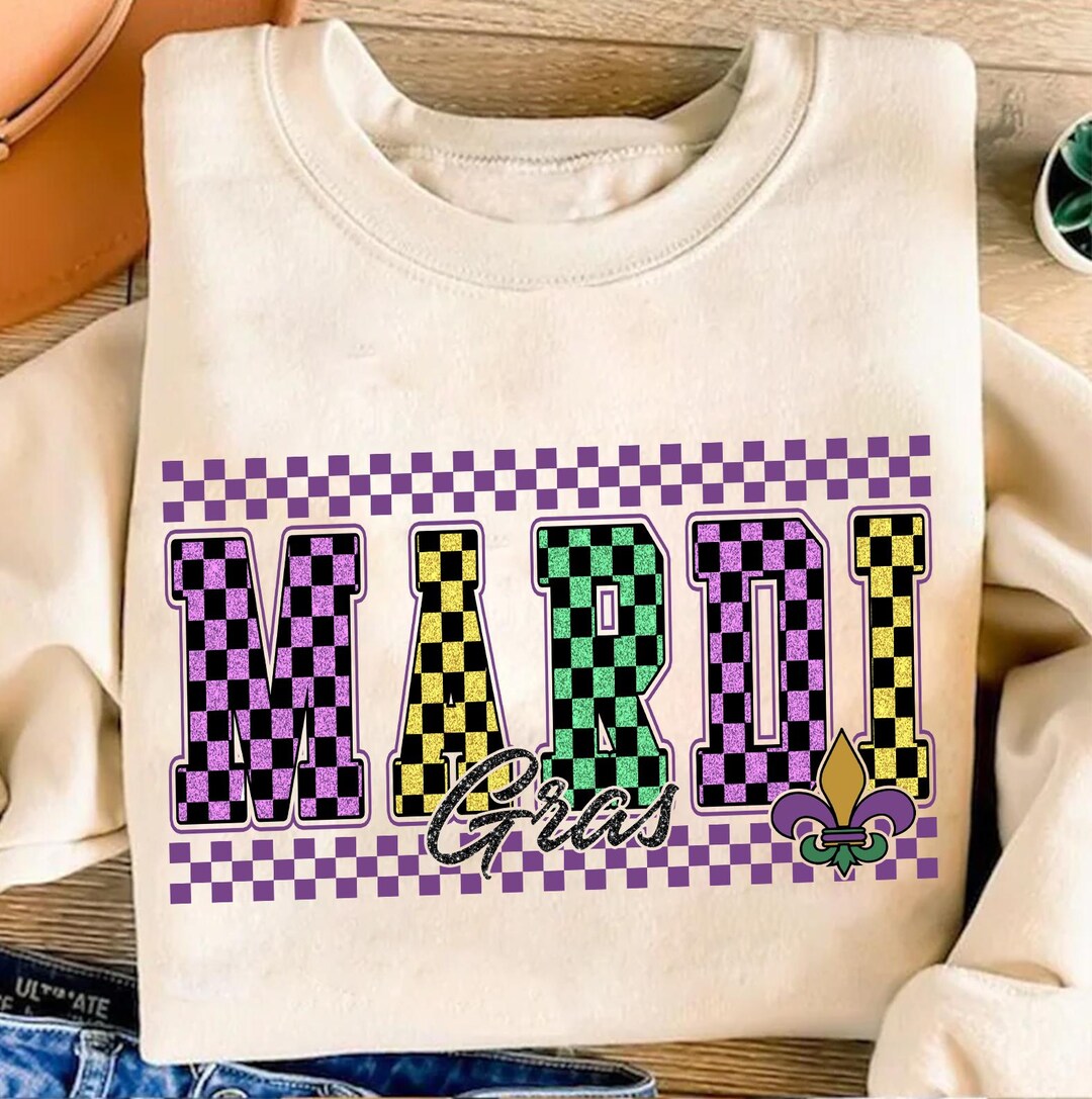 Retro Checkered Mardi Gras PNG, Glitter Mardi Gras Varsity Png, Fleur ...