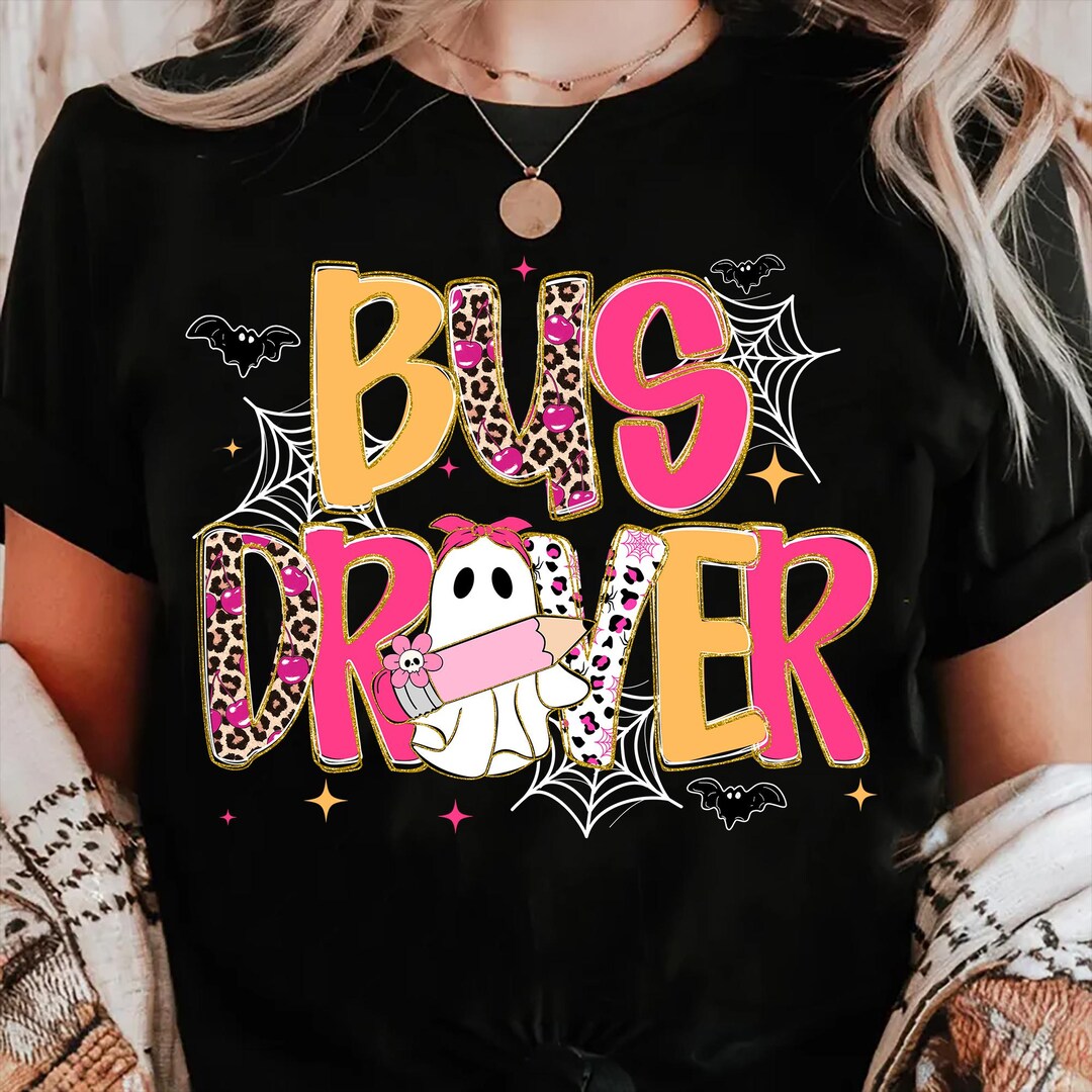 School Bus Driver Png, Spooky Teacher Halloween Png, Pink Leopard Ghost ...