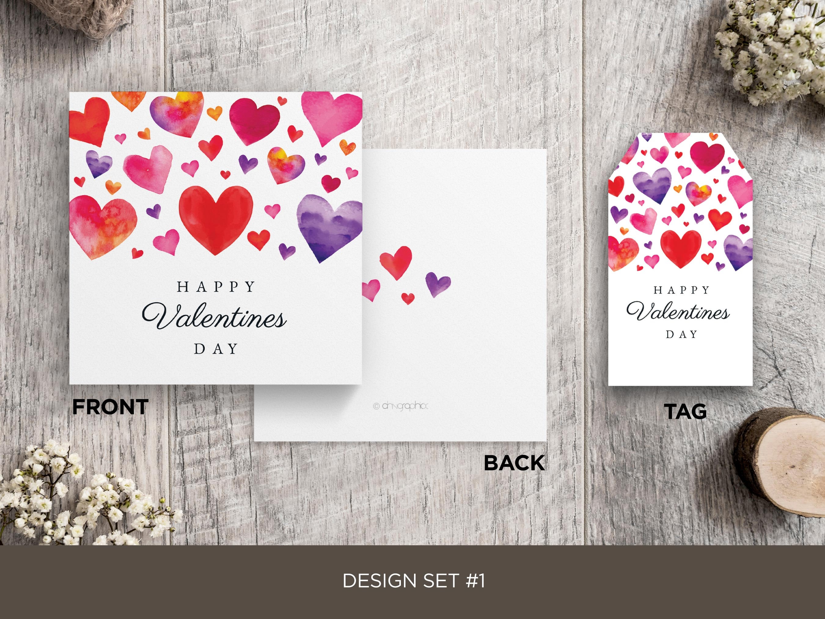 Printable Valentines Cards Set of 6 and Gift Tag Set of 6, Hearts Note ...