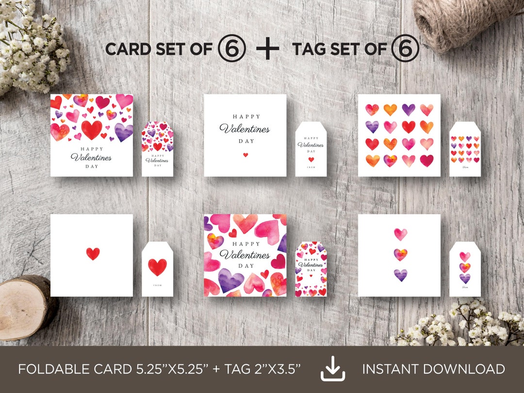 Printable Valentines Cards Set of 6 and Gift Tag Set of 6, Hearts Note ...