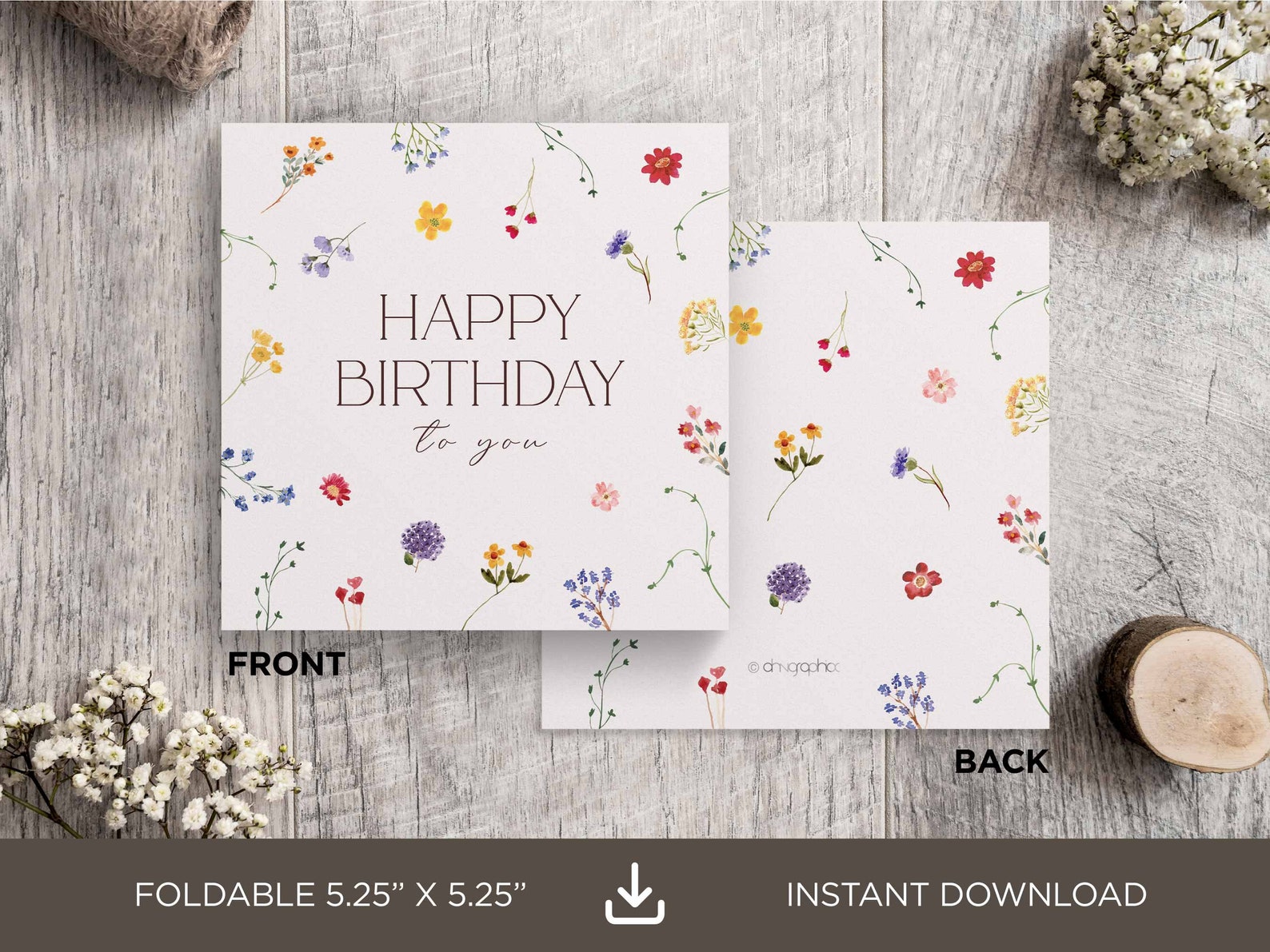 Printable Happy Birthday Card, Minimal Flower Birthday Card, Floral ...