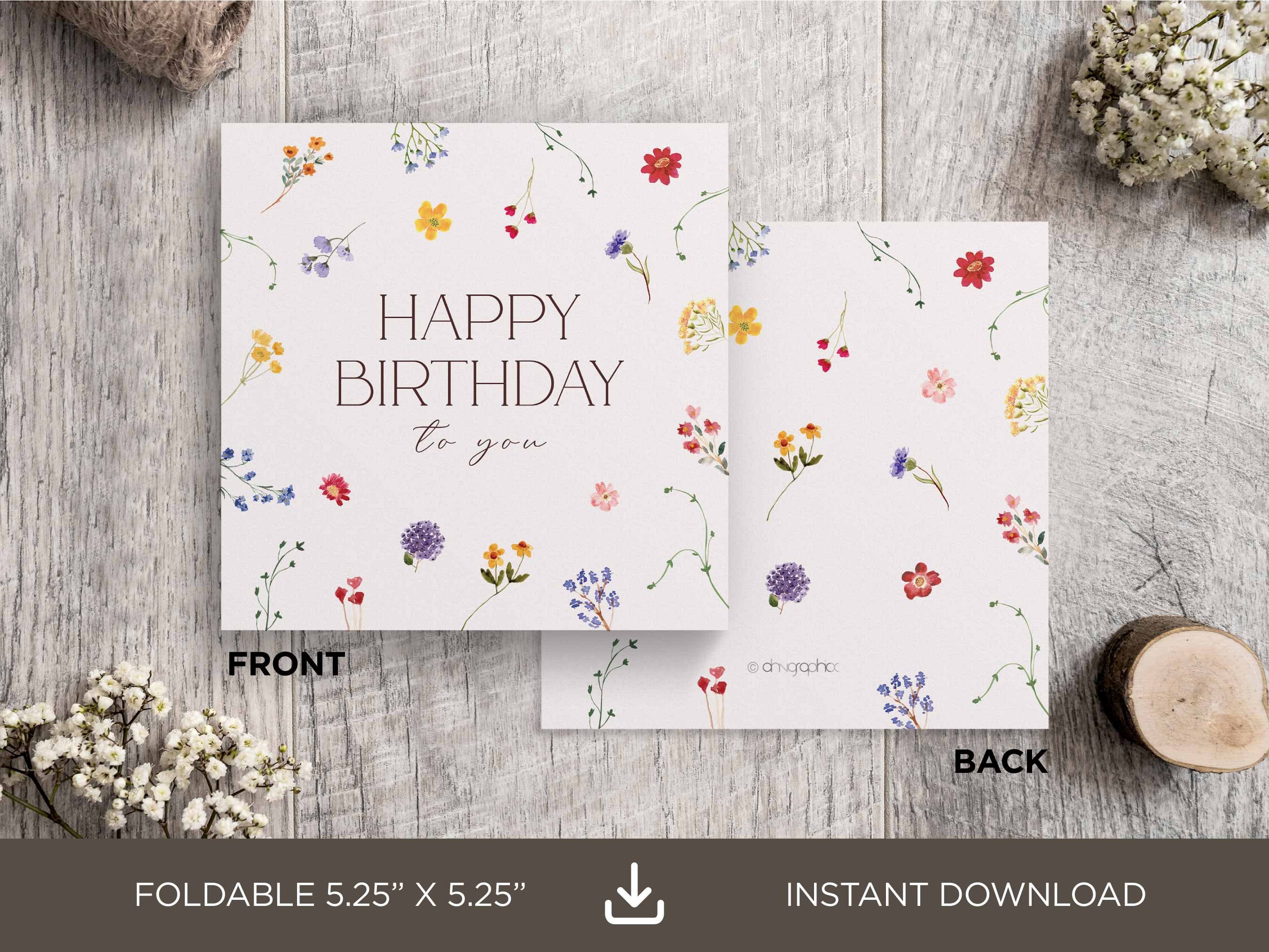 Printable Happy Birthday Card, Minimal Flower Birthday Card, Floral ...