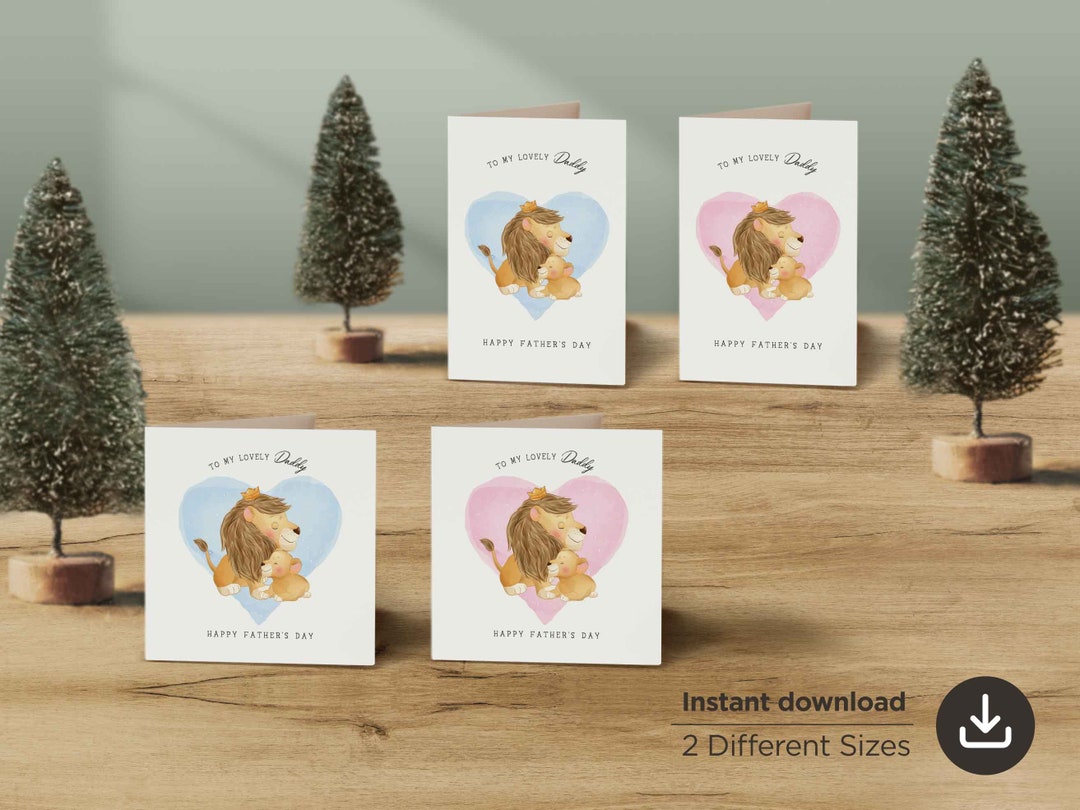 Cute Lion Father's Day Card for Daddy, Printable Dad and Baby Lions ...