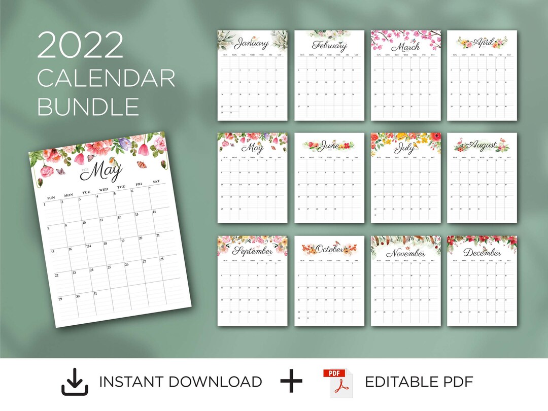 2022 Printable Editable Calendar Bundle Monthly - Etsy