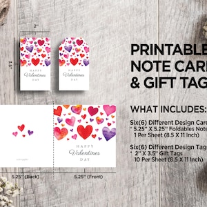 Printable Valentines Cards Set of 6 and Gift Tag Set of 6, Hearts Note ...