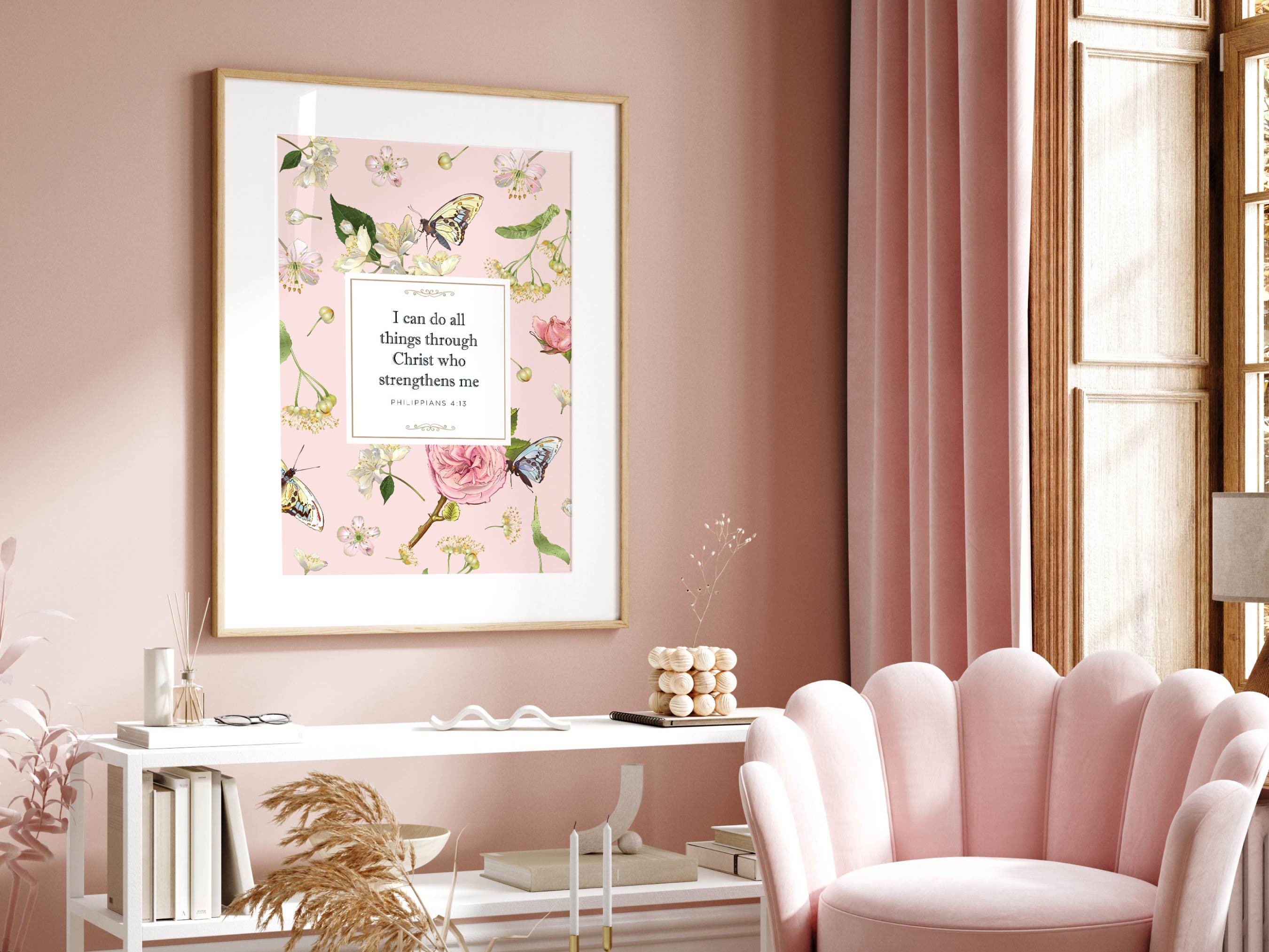 Printable Philippians 4:13 Bible Verse Wall Art, Floral Pink and Green ...