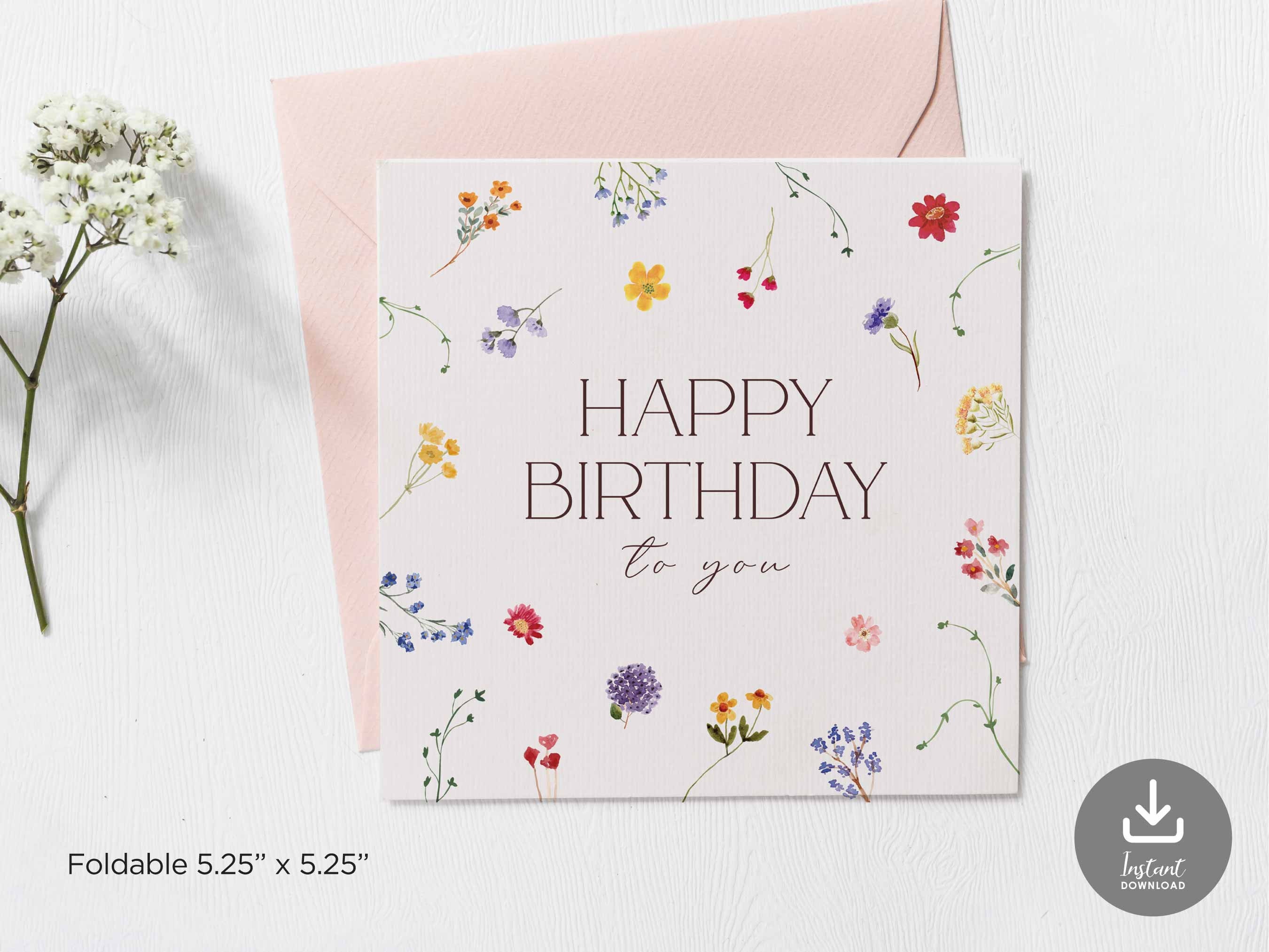 Printable Happy Birthday Card, Minimal Flower Birthday Card, Floral ...