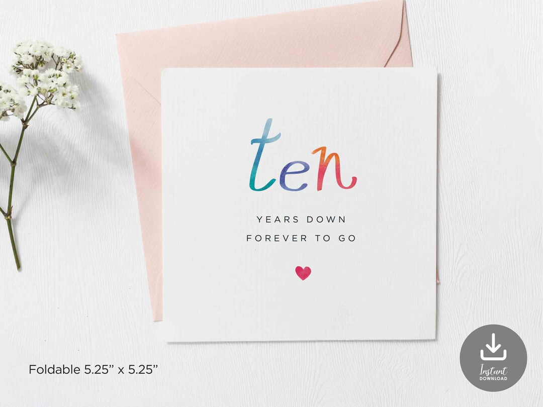 Ten Year Anniversary Card: Watercolor Design (printable Card) - Etsy