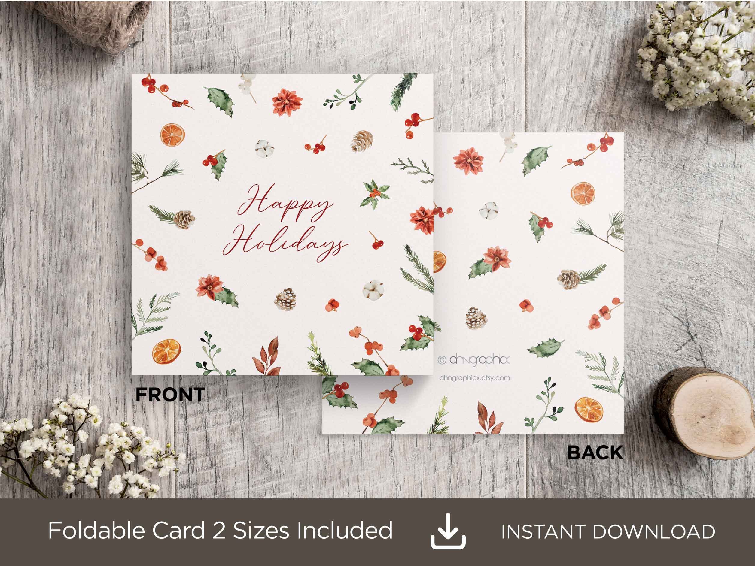 Happy Holiday Printable Cards, Printable Botanical Holiday Cards ...