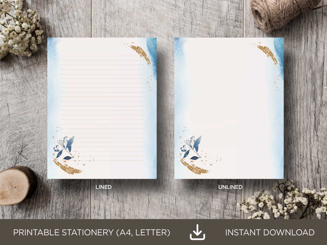 Blue Gold Floral Stationery Cards: Printable Notecards (digital ...
