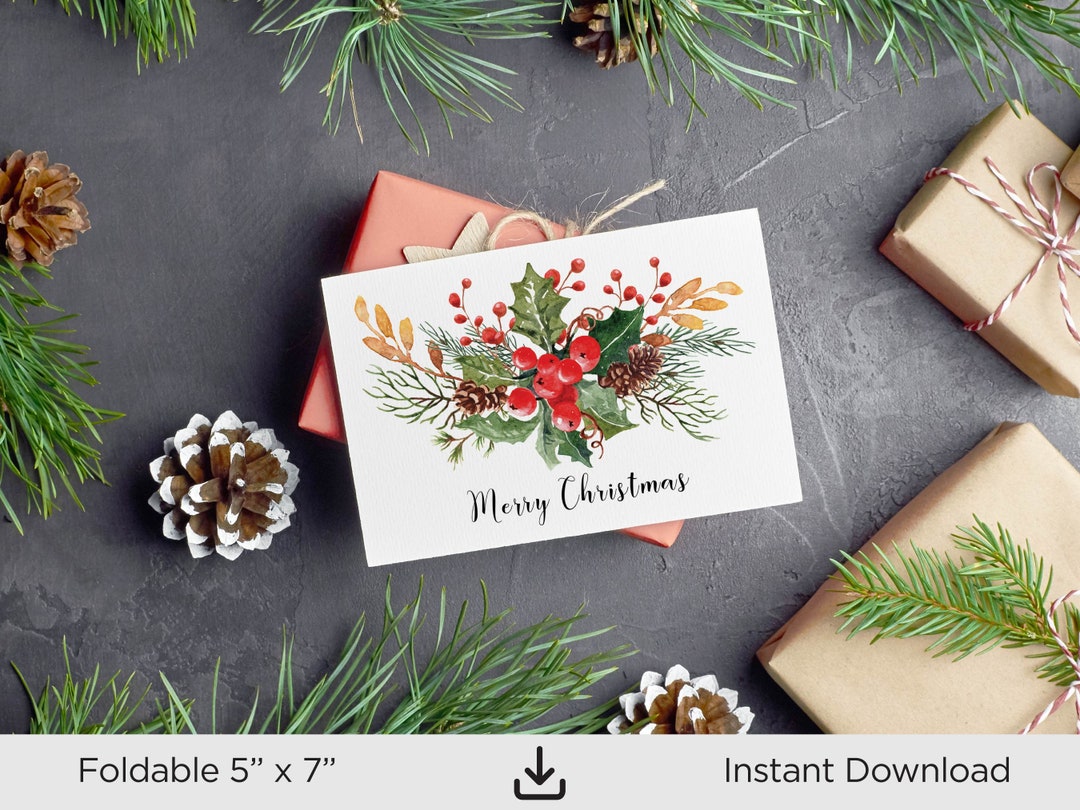 Printable Merry Christmas Card, Printable Holiday Card, Watercolor ...