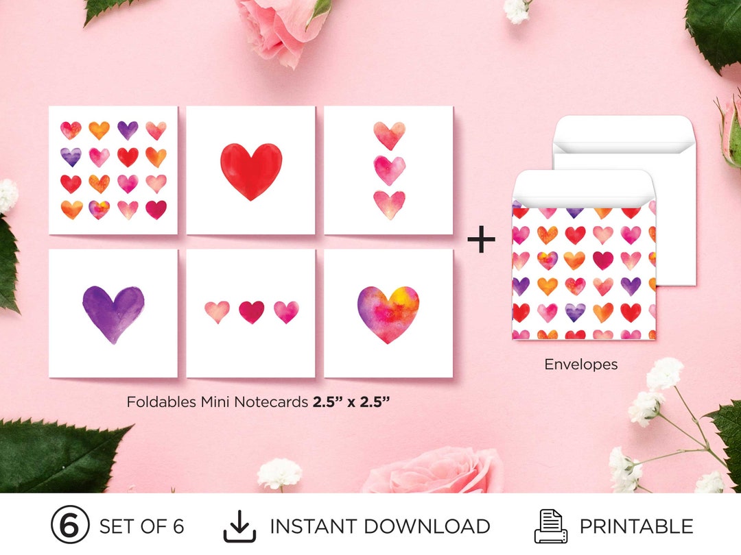 Printable Mini Note Cards Set of 6, Mini Heart Note Card Set, Love Note ...